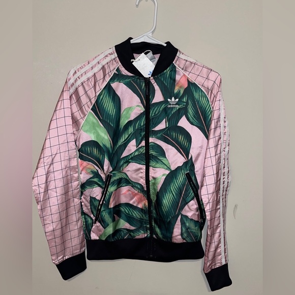 adidas | Jackets & Coats | Adidas Farm Tracksuit Jacket Pink Green Leaf ...